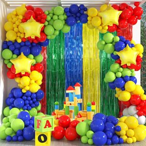 Super Bros Birthday Party Decoration, including 2Pack Red Green Blue Yellow Foil Fringe Curtains, 1pc Mario Themed Birthday Banner & 22pcs Balloons for Video Game Mario Theme Birthday Party Supplies