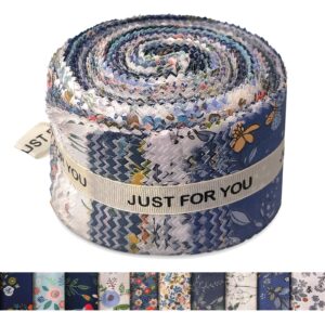 50pcs jelly roll fabrics for quilting, 2.5 inch wide floral cotton sewing fabric, assorted jelly roll quilt patterns fabric bundles for blanket, rug, upholstery, home decor, and crafts making (blue)