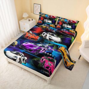 ailonen racing car fitted sheet for kids,boys twin size, extreme sports bedding sets,cool speed race bed sheet set,colorful car bedsheets set,1 flat sheet & 1 fitted sheet + 2 pillowcases,4-piece