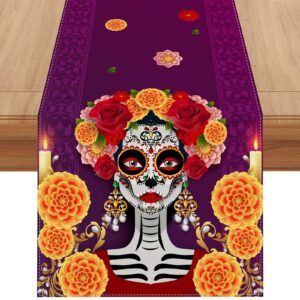 linen dia de los muertos table runner 72 inches long day of the dead tablecloth mexican fiesta themed party decorations and supplies for home kitchen dining room table