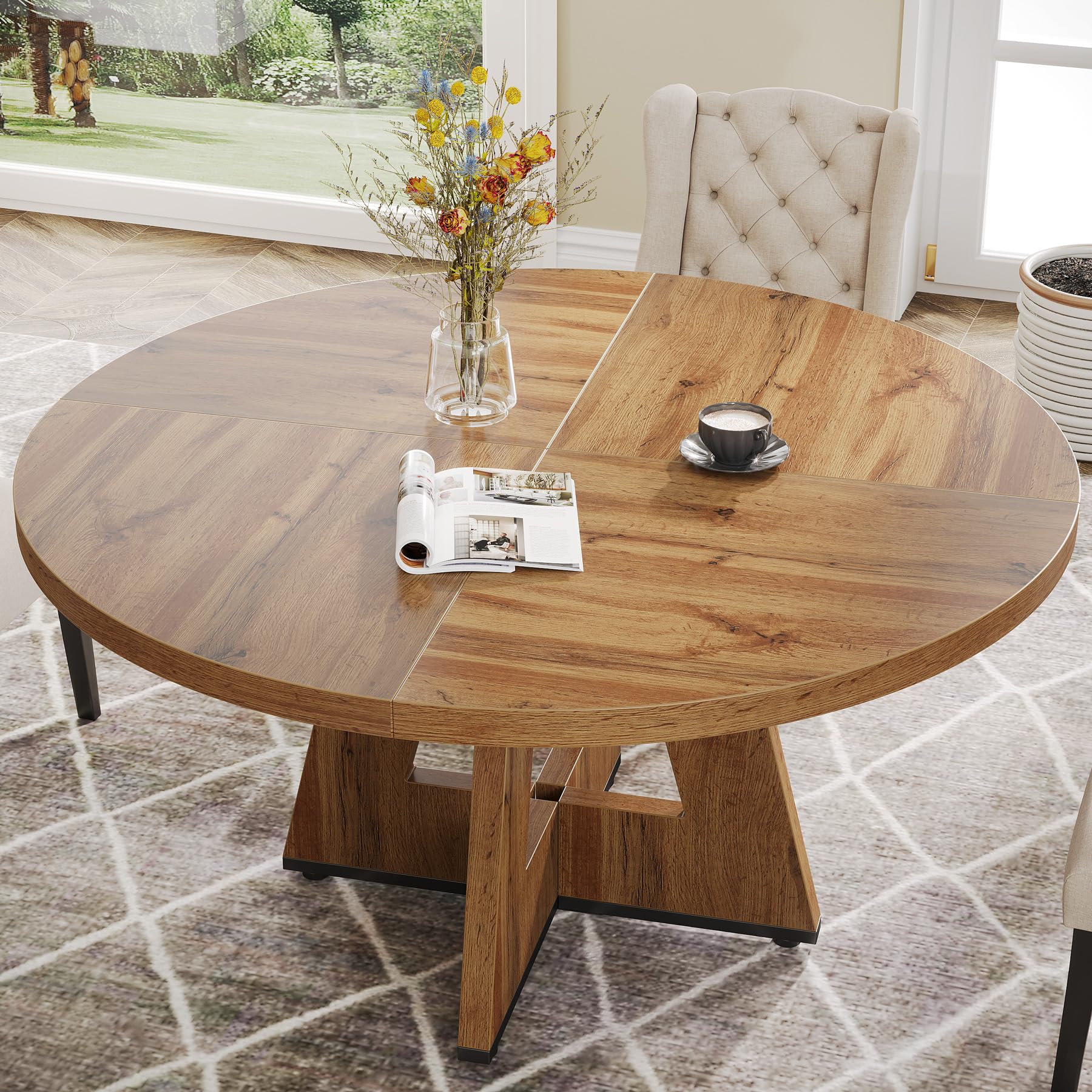 Tribesigns Farmhouse Dining Table, 47 Inch Round Dinner Table for 4, Rustic Round Dining Room Table for Home Dining Room Living Room (Wood)