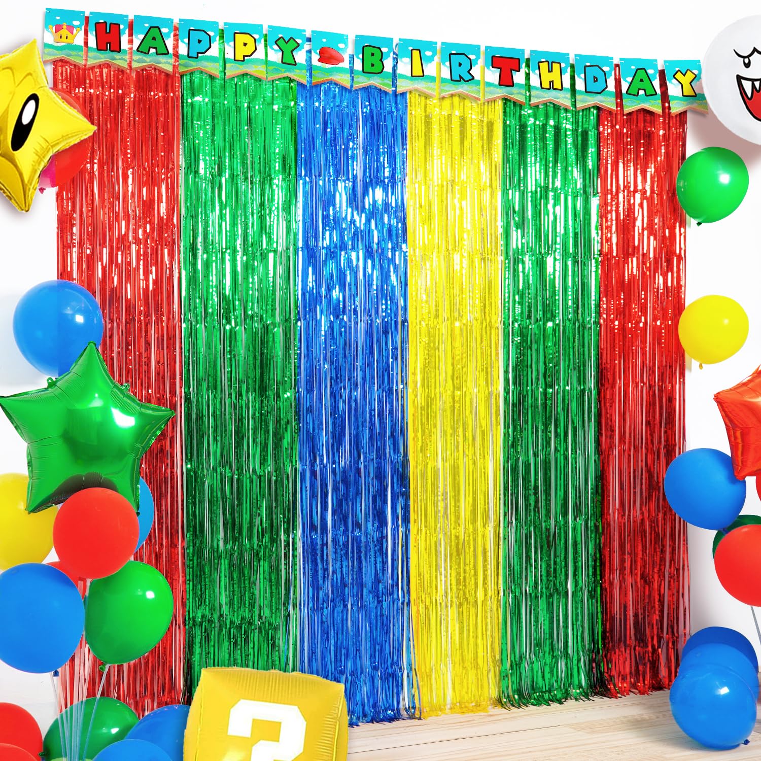 Super Bros Birthday Party Decoration, including 2Pack Red Green Blue Yellow Foil Fringe Curtains, 1pc Mario Themed Birthday Banner & 22pcs Balloons for Video Game Mario Theme Birthday Party Supplies