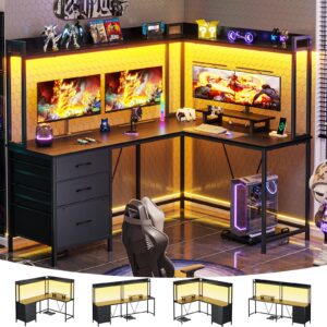 uposoja l shaped gaming desk with shelves, reversible computer desk with power outlet & led lights, home office desks writing desk with 3 drawers monitor stand storage hutch(black)