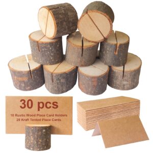 10 pieces rustic wood place card holders with 20 kraft tented place cards, natural log table number stands food labels dinner decor for weddings, birthday, thanksgiving day, christmas party supplies