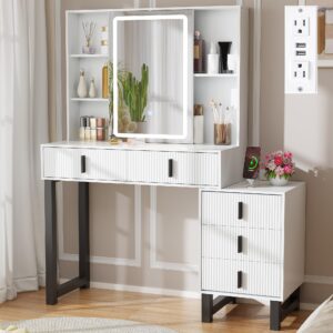 anwbroad makeup vanity desk with mirror and lights white vanity with power outlet modern dressing table with 3 lighting modes brightness adjustable sliding mirror 5 drawers shelves bedroom ubdt62w