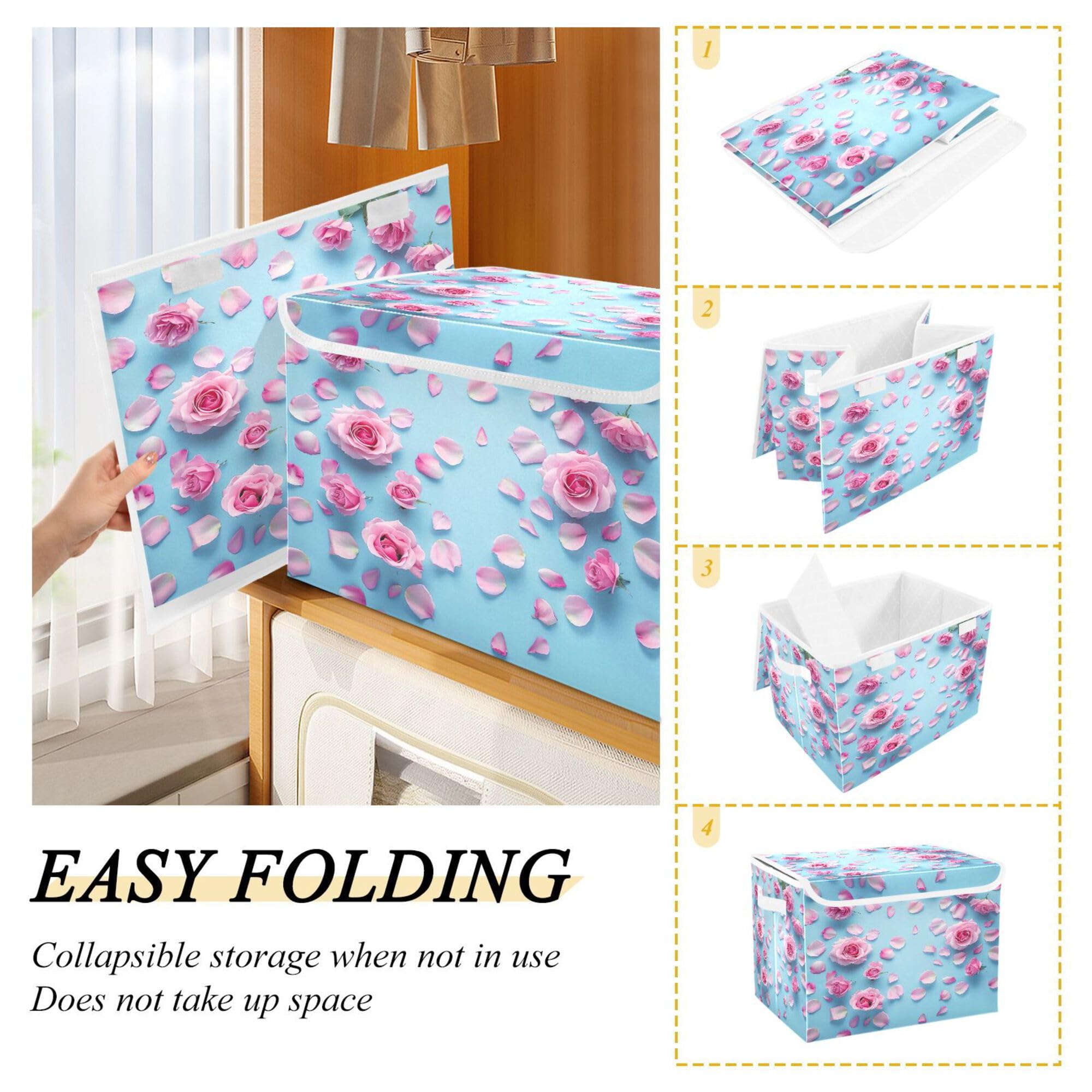 Hzwxjrlf Foldable Storage Box, Storage Bins with Lids， Storage Boxes with Handles, Storage Boxes For Clothing, Storage Bins For Homes and Offices （Beautiful Roses）