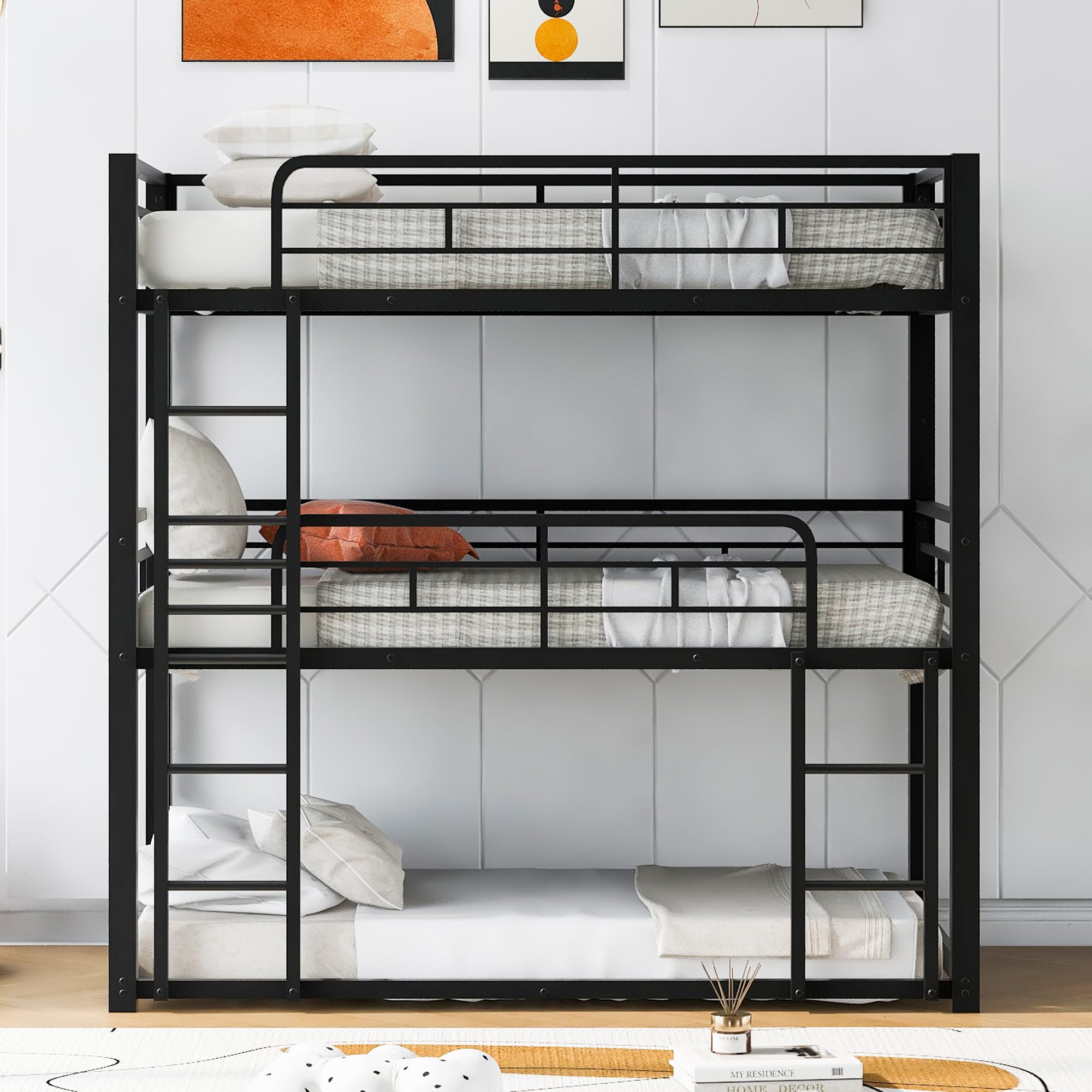 Harper & Bright Designs Metal Triple Bunk Beds,Bunk Beds Twin Over Twin Over Twin,Triple Bed for 3,Heavy Duty 3 Beds Bunk Bed with Guard Rails and 2 Ladders for Kids Teens Adults, Black