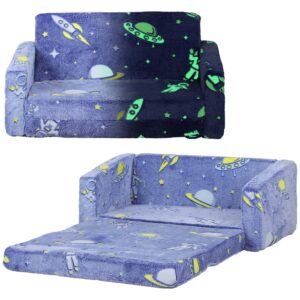 qaba 2 in 1 kids sofa chair, toddler couch with glow in the dark cosmic patten, washable cover, fold out convertible sofa to lounger for playroom bedroom, blue