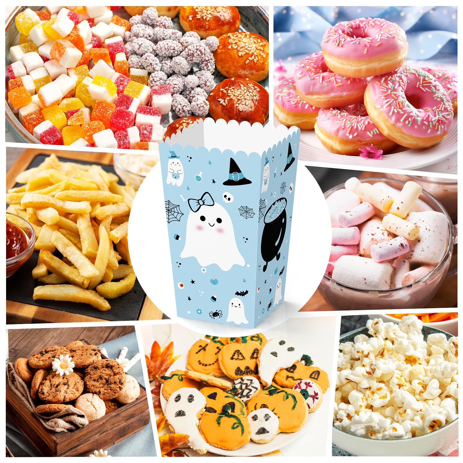 K KUMEED 24 PCS Blue Halloween Popcorn Favor Boxes,Halloween Party Supplies Cute Ghost Popcorn Bowls Popcorn Buckets Popcorn Bags,Boo Theme Candy Cookie Container for Kids