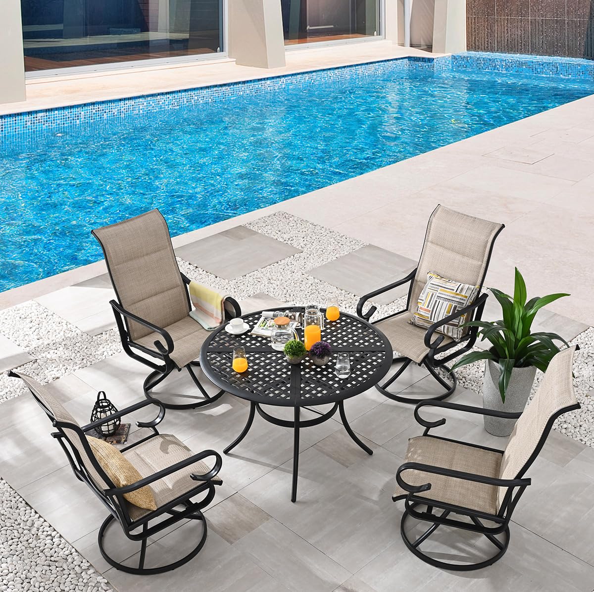 ARTLOFT Patio Dining Set for 4, Outdoor Swivel Rocking Patio Chairs with Round Patio Table Outdoor Bistro Furniture Set for Lawn, Garden, Deck, Backyard, Porch (Light Grey)