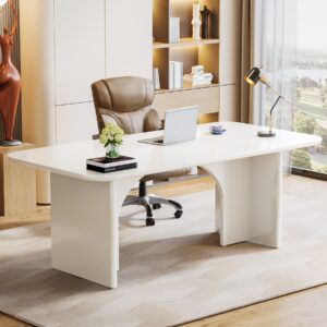 tribesigns 62.99" large desk, modern home office computer desk for 1-2 person, minimalist double pc writing table study desk executive desk with arch design legs, cream white