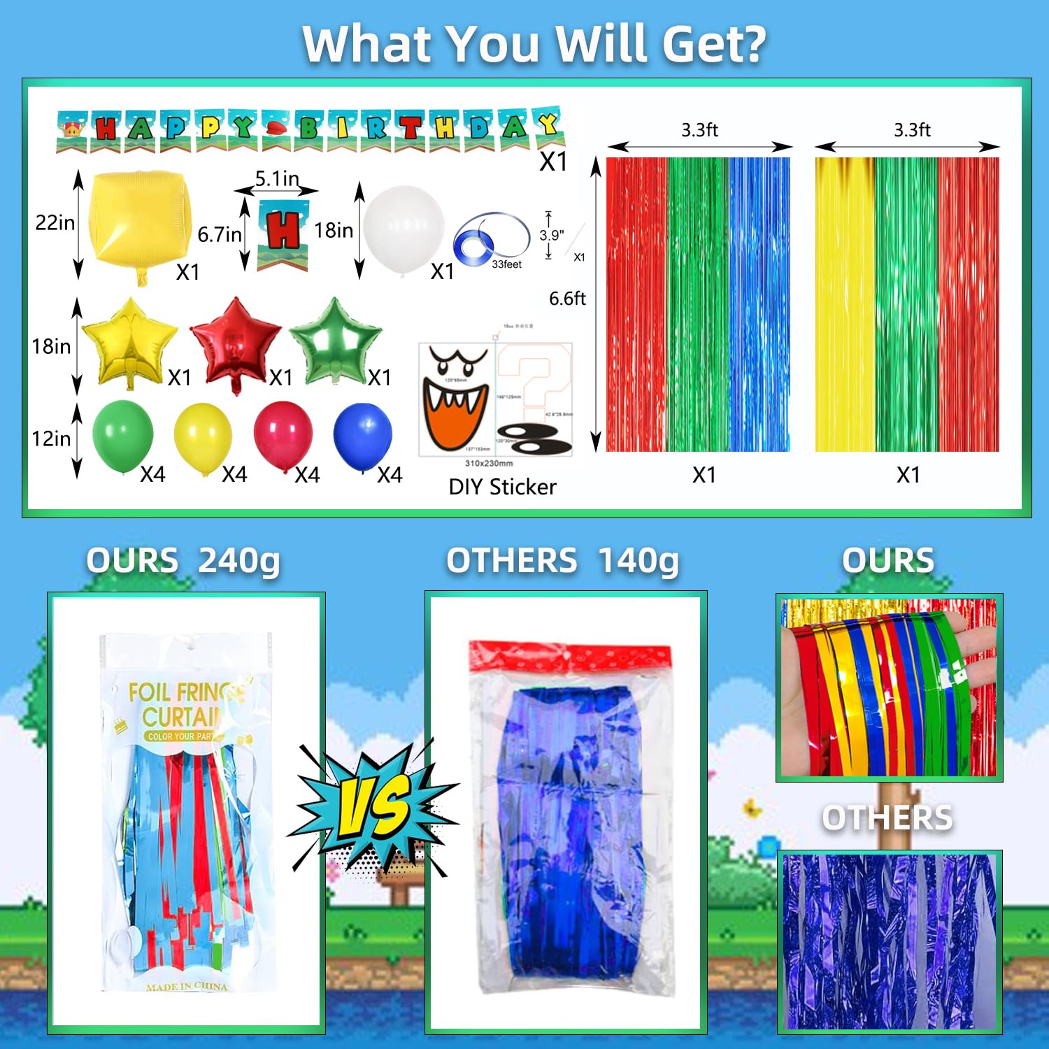 Super Bros Birthday Party Decoration, including 2Pack Red Green Blue Yellow Foil Fringe Curtains, 1pc Mario Themed Birthday Banner & 22pcs Balloons for Video Game Mario Theme Birthday Party Supplies