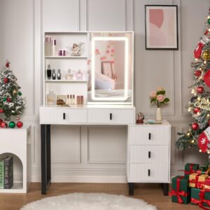 ANWBROAD Makeup Vanity Desk with Mirror and Lights White Vanity with Power Outlet Modern Dressing Table with 3 Lighting Modes Brightness Adjustable Sliding Mirror 5 Drawers Shelves Bedroom UBDT62W