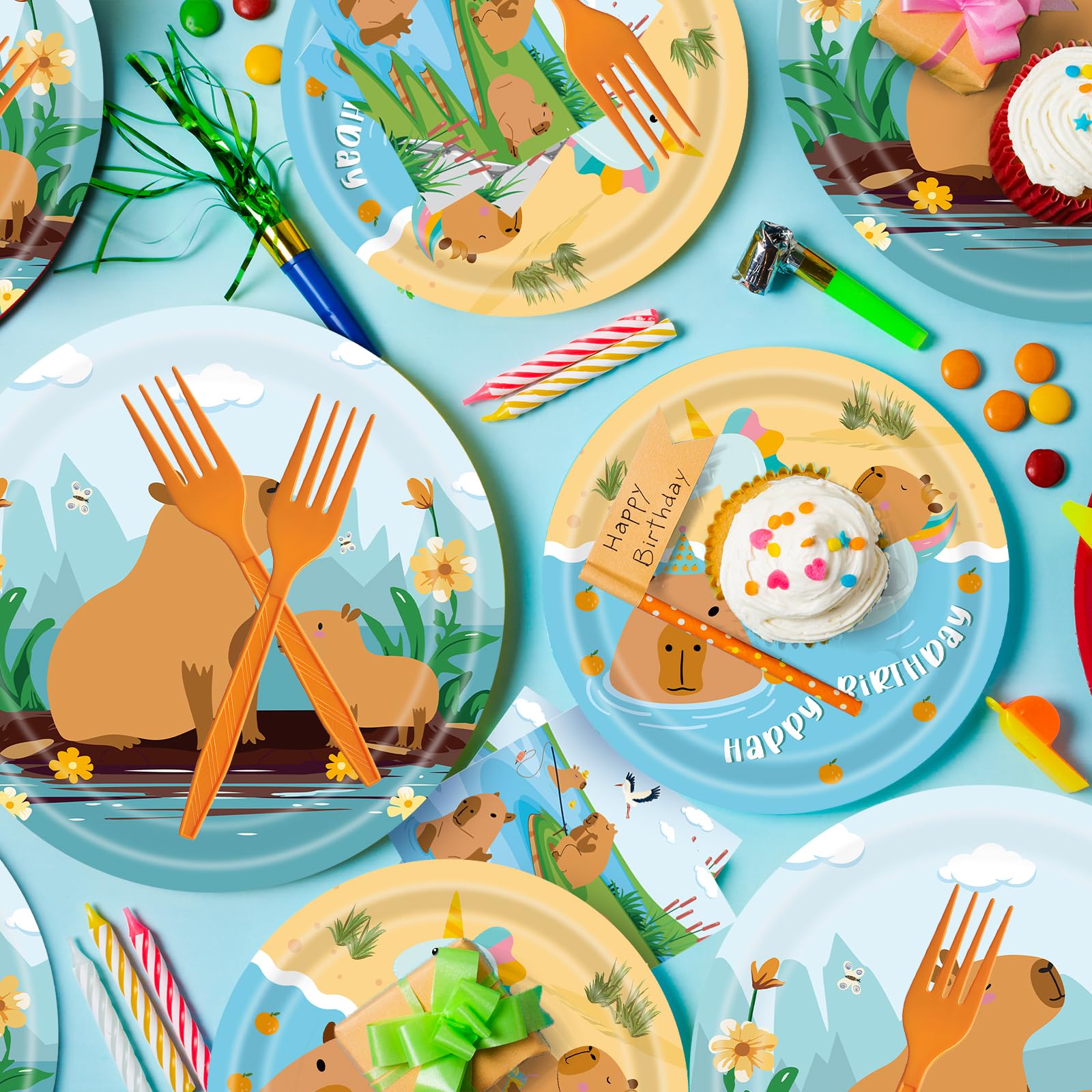 Joybileefun Capybara Birthday Decorations Party Supplies 96PCS Cute Capybara Plates and Napkins Tableware Set Animal Birthday Party Decorations Supplies for Baby Shower Kids Teens Serves 24 Guests