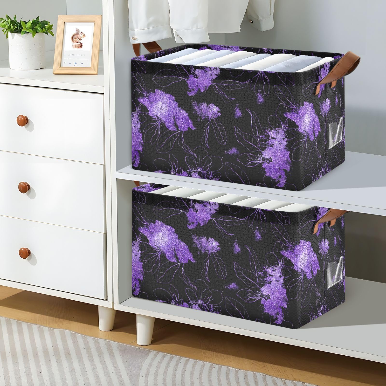 Foldable Storage Bins with Metal Frames Fabric Home Storage Baskets Containers Laundry Hampers Leaf Print(2pack,purple)