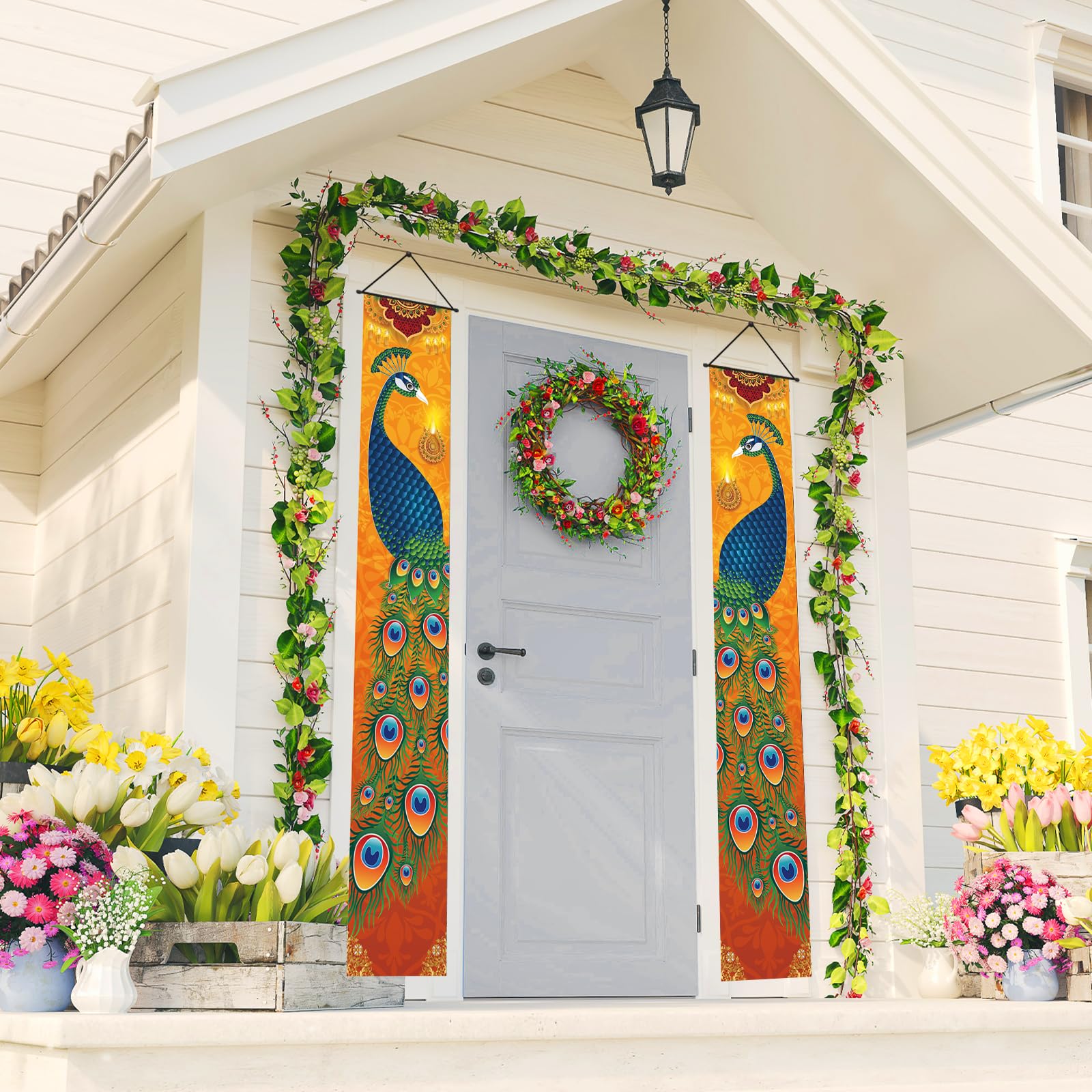 Diwali Peacock Decorations Outdoor Happy Diwali Porch Sign Banner Deepawali Indian Festival of Lights Decorations and Supplies for Home