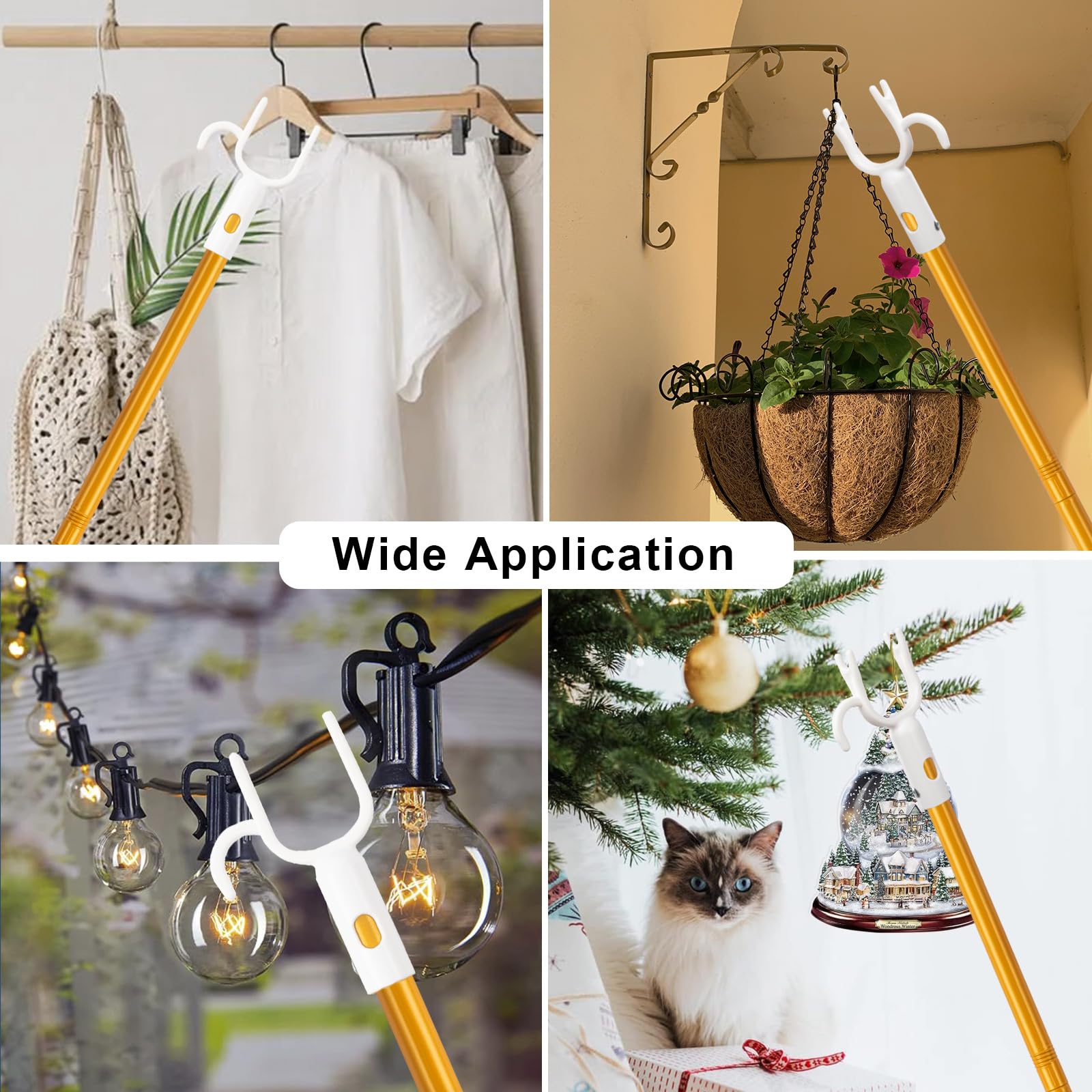 Greeily Clothes Hanger Reaching Hook, Garment Hook Reach Pole for Hanging Clothes Closet Bird Feeders Plants and Christmas Light Extendable from 31" to 61" with Sponge Handle (White Plastic Hook)