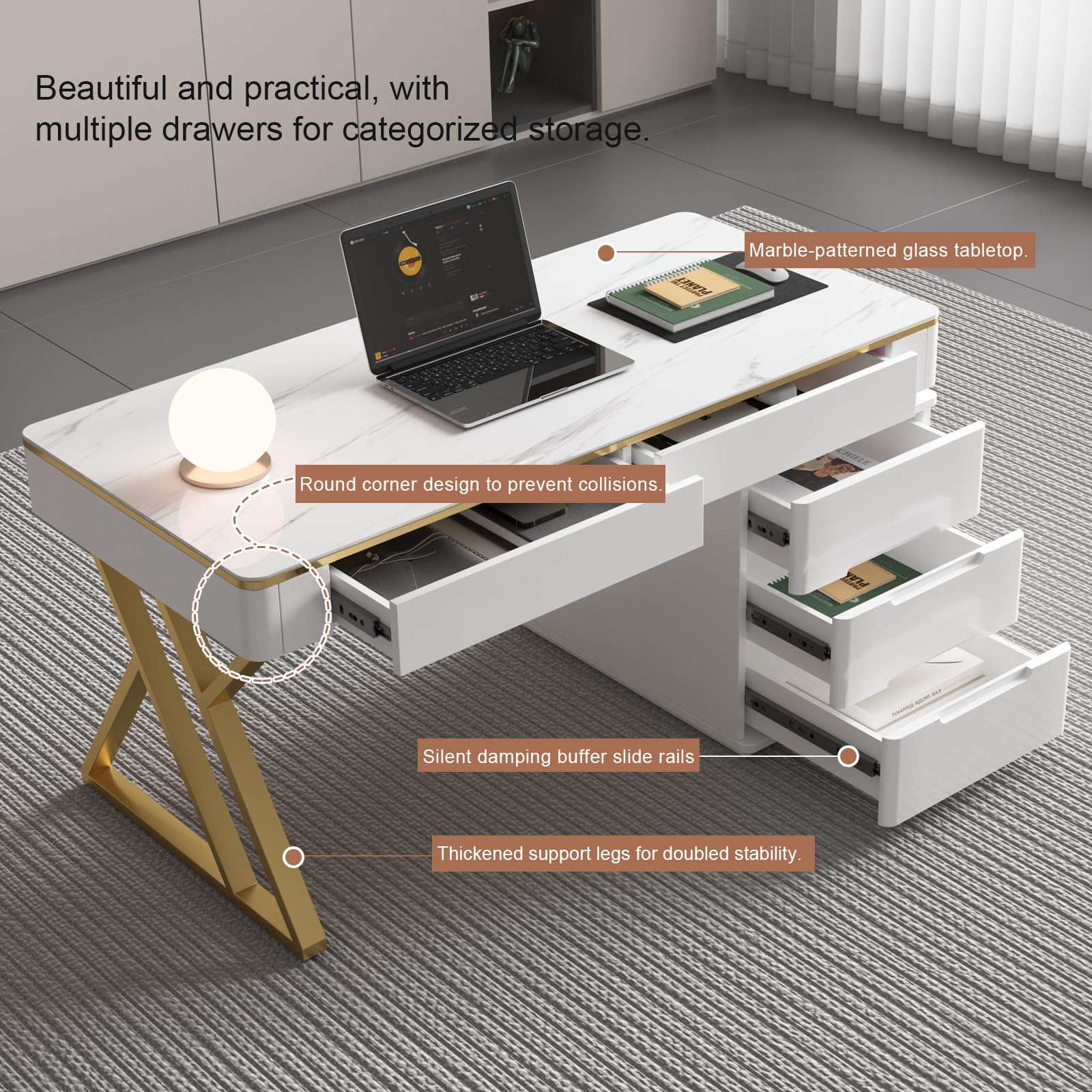 Dongge Wooden Computer Office Desk with Drawers for Home Office - White Gaming Desk with Tempered Glass Top - Thickened Lacquered PC Desk and Writing Desk - Escritorios para Computadoras (Z-105)