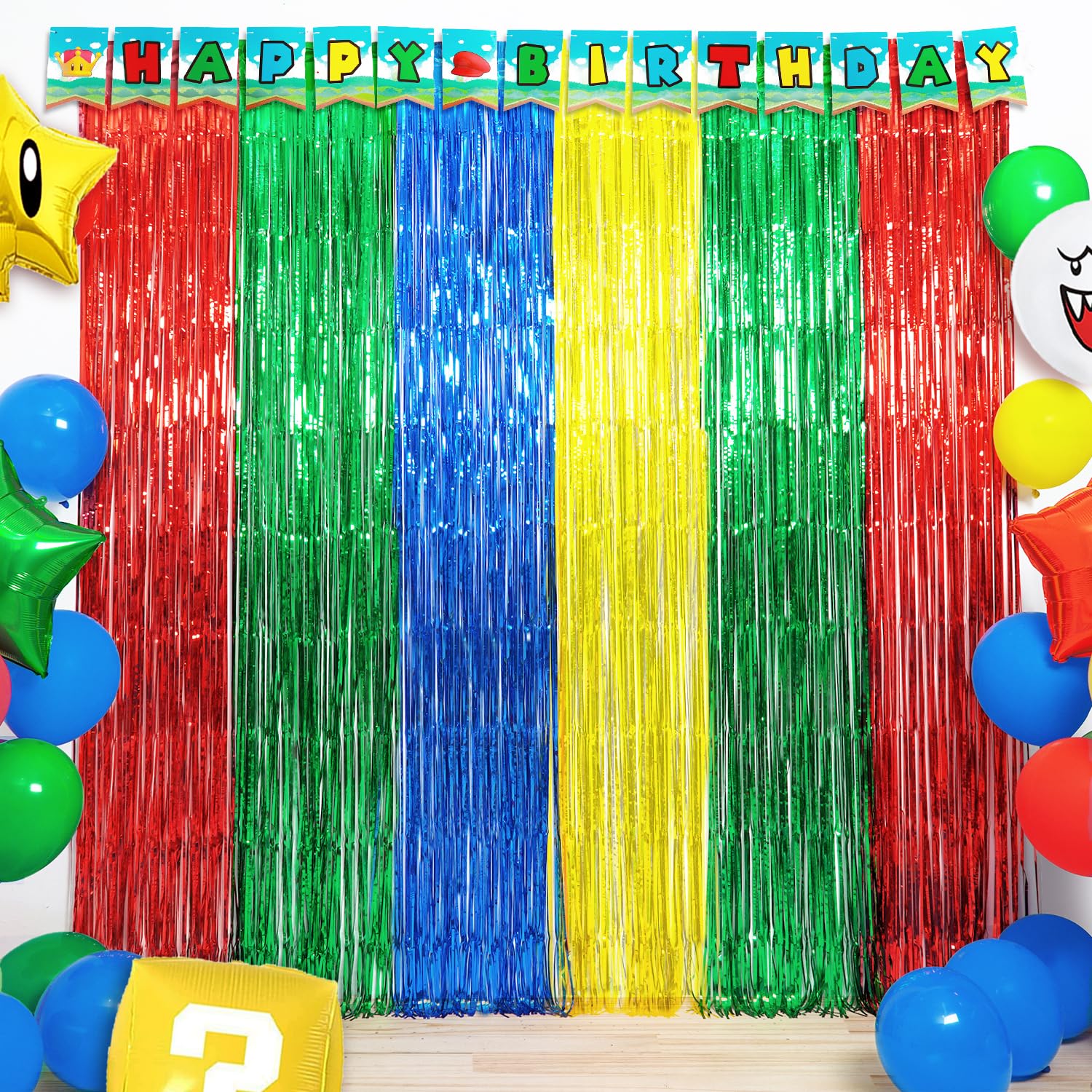 Super Bros Birthday Party Decoration, including 2Pack Red Green Blue Yellow Foil Fringe Curtains, 1pc Mario Themed Birthday Banner & 22pcs Balloons for Video Game Mario Theme Birthday Party Supplies