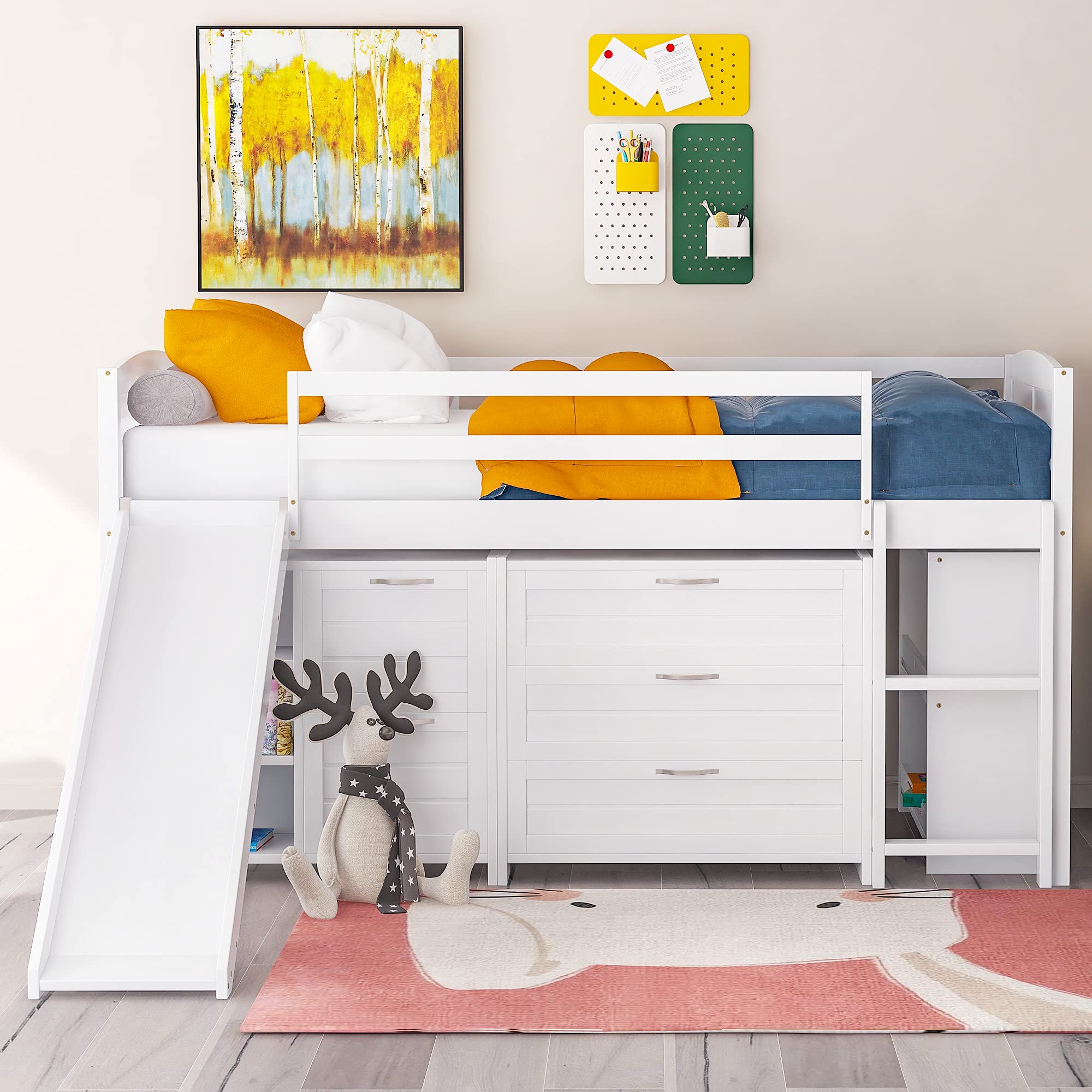 Kids Twin Loft Bed with Slide and Storage Cabinet, Low Loft Bed Frame with Drawers and Book Shelves, Wooden Twin Size Loft Beds for Kids Teens,Boys Girls, No Spring Box Needed (Twin, White)