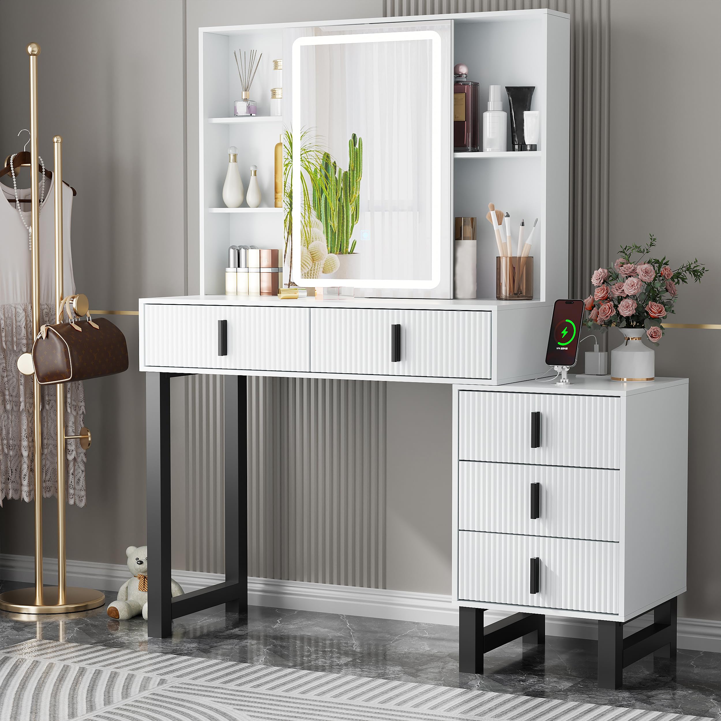 ANWBROAD Makeup Vanity Desk with Mirror and Lights White Vanity with Power Outlet Modern Dressing Table with 3 Lighting Modes Brightness Adjustable Sliding Mirror 5 Drawers Shelves Bedroom UBDT62W