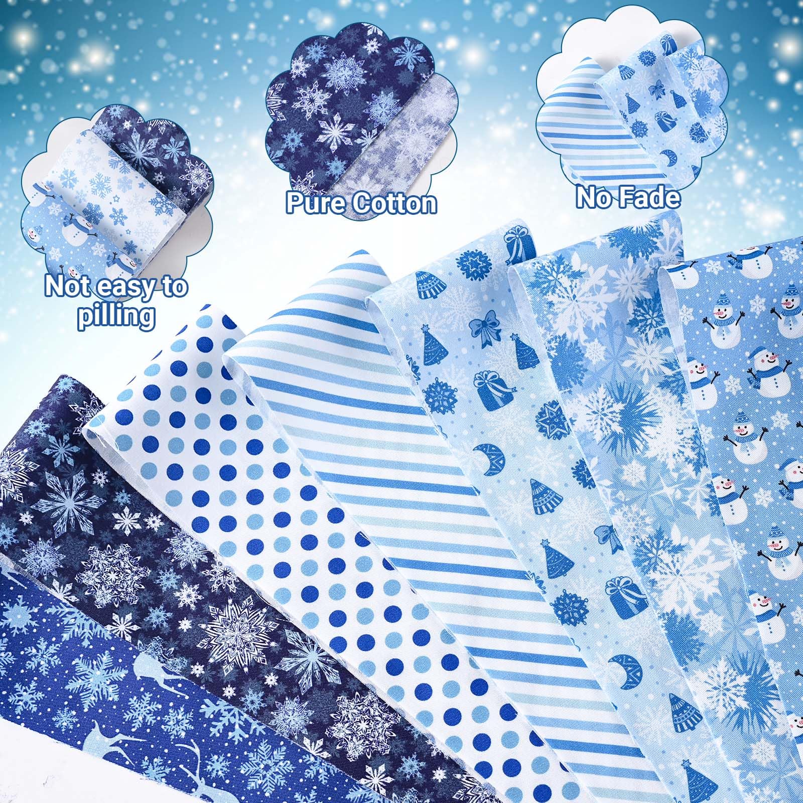 40 Pcs Winter Christmas Snowflakes Cotton Jelly Roll Blue and White Snowflake Reindeer Fabric Strips for Quilting Crafting Snowman Precut Patchwork for Sewing DIY Crafts Cotton Fabric Bundles Strips