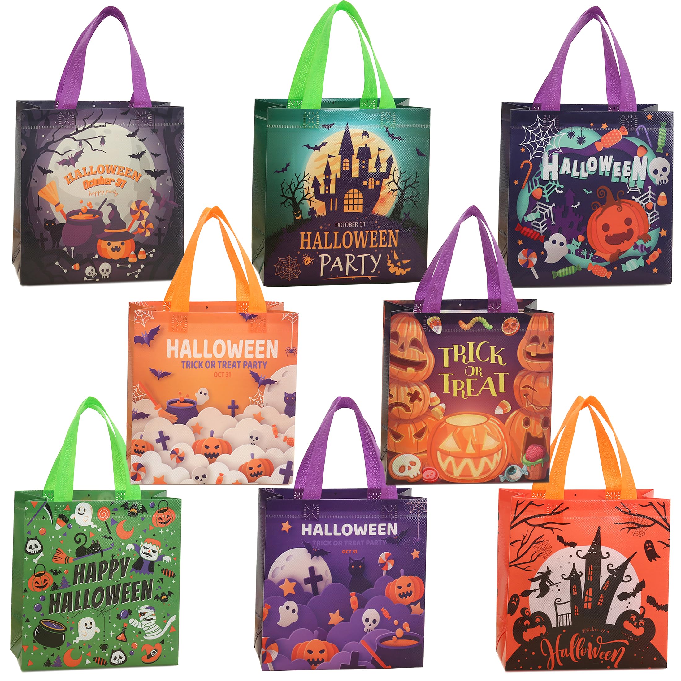 MOMOJULI 8PCS Halloween Trick or Treat Bags，Small Non-Woven Halloween Tote Bags with Handles Reusable Goodie Gift Bags Multifunctional Halloween Party Favors Supplies 7.9"×7.9"×3.15"