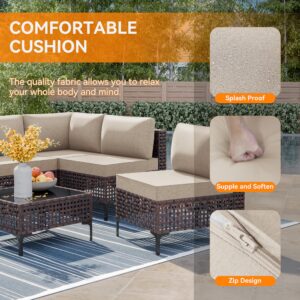 Trumbeak 7 Pieces Patio Fuiniture Set Wicker Outdoor Sectional Sofa,All Weather Brown PE Rattan Outdoor Conversation Set w/Thick Cushions and Glass Coffee Table,Sand