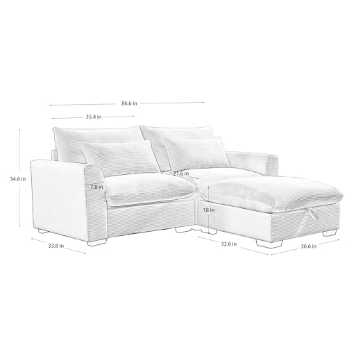 Eafurn Deep Seat Oversized Corduroy Loveseat Modular Sectional Sofa Convertible Corner Couch Bed with Movable Ottoman & Storage, L Shaped Sleeper Lounge Sofa&Couches for Living Room Office