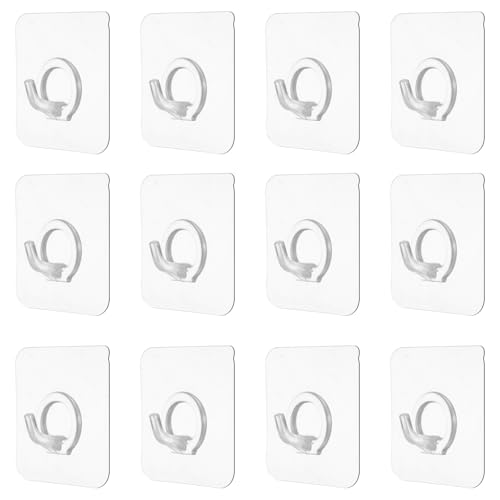 Qianyu 12 Pcs Adhesive Hooks for Hanging Clear Sticky Wall Hooks Heavy Duty Plastic Door Hooks No Drilling Strong Waterproof Sticker Hanger for Home Kitchen Bathroom Office Use