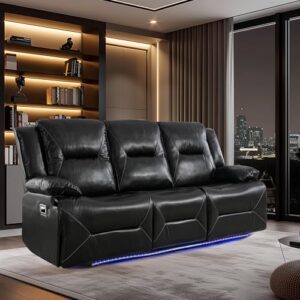 3-seater manual wall hugger chair oversized rv sofa loveseat sofá pu leather upholstered double reclining lounge sectional couch with led light strip,drop-down table and cup holders for living room