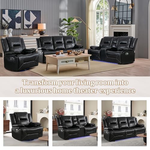 3-Seater Manual Wall Hugger Chair Oversized RV Sofa Loveseat Sofá PU Leather Upholstered Double Reclining Lounge Sectional Couch with LED Light Strip,Drop-down Table and Cup Holders for Living Room