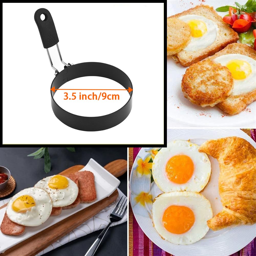 3.5 Inch Egg Rings for Frying Eggs and English Muffins, Stainless Steel Egg Rings with Foldable Handle 2 Pack, Round Egg Mold Circle Shaper with Extra Oil Brush for Cooking Breakfast Sandwich Burger