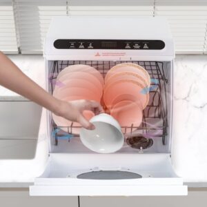 portable dishwasher upper and lower double spraying, 72℃/ 161℉ high temp and ptc thermal drying, 110v 900w countertop dishwasher with 360 degree 5 washing function, for apartment, camper, rv