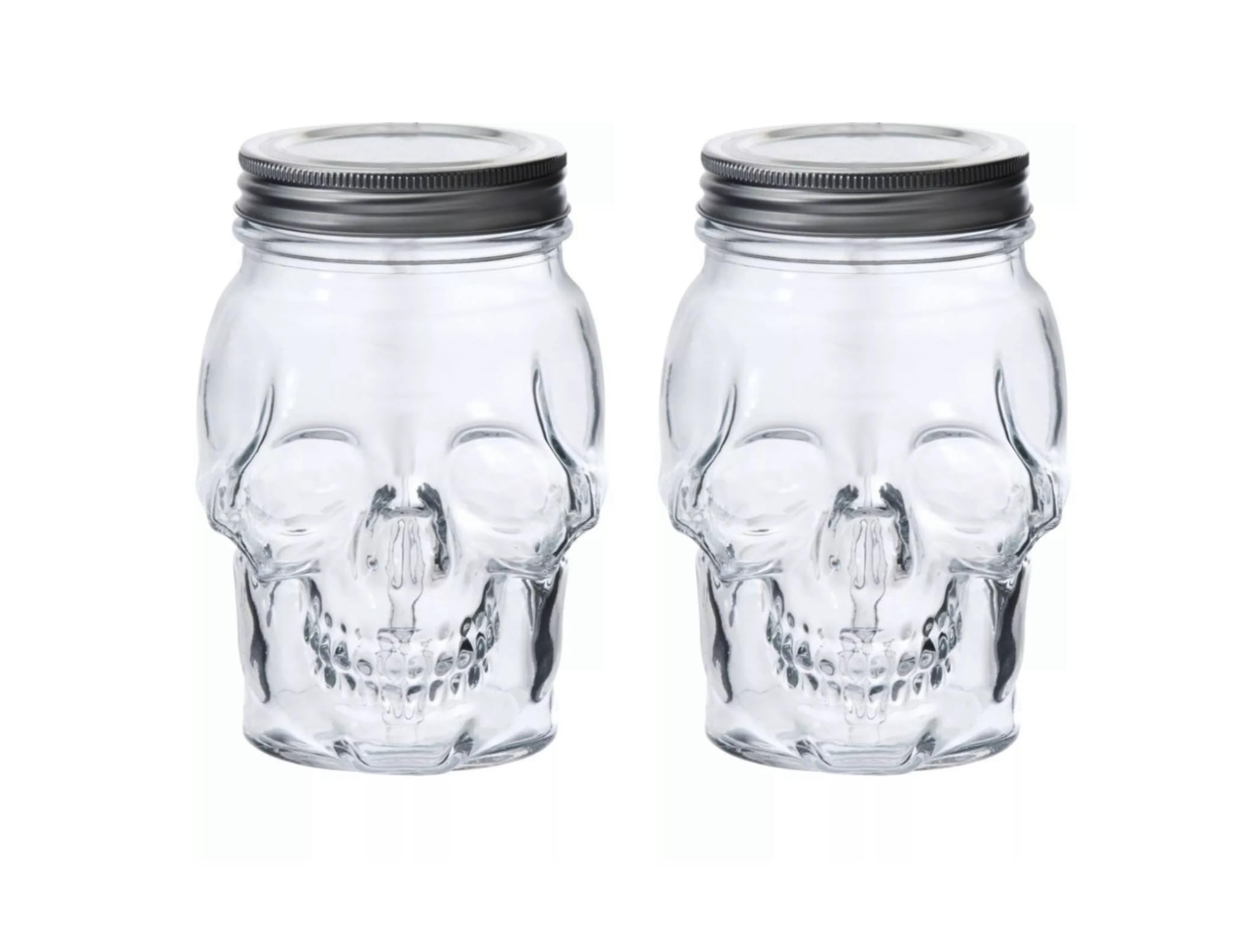 DURA LIVING Set of 2 Skull Mason Jar Glasses with Lids | 16oz Reusable Halloween Drinking Glasses | Unique Skull Décor, Storage, & Canning Jars for Parties & Gifts