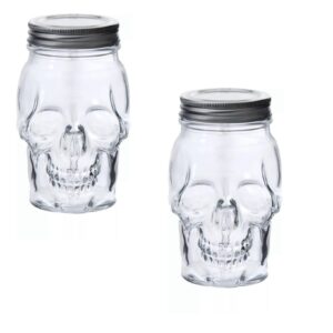 DURA LIVING Set of 2 Skull Mason Jar Glasses with Lids | 16oz Reusable Halloween Drinking Glasses | Unique Skull Décor, Storage, & Canning Jars for Parties & Gifts