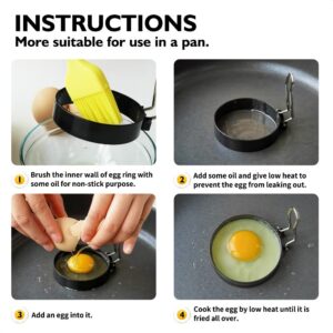 3.5 Inch Egg Rings for Frying Eggs and English Muffins, Stainless Steel Egg Rings with Foldable Handle 2 Pack, Round Egg Mold Circle Shaper with Extra Oil Brush for Cooking Breakfast Sandwich Burger