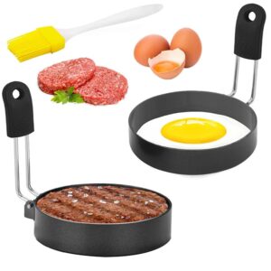 3.5 Inch Egg Rings for Frying Eggs and English Muffins, Stainless Steel Egg Rings with Foldable Handle 2 Pack, Round Egg Mold Circle Shaper with Extra Oil Brush for Cooking Breakfast Sandwich Burger