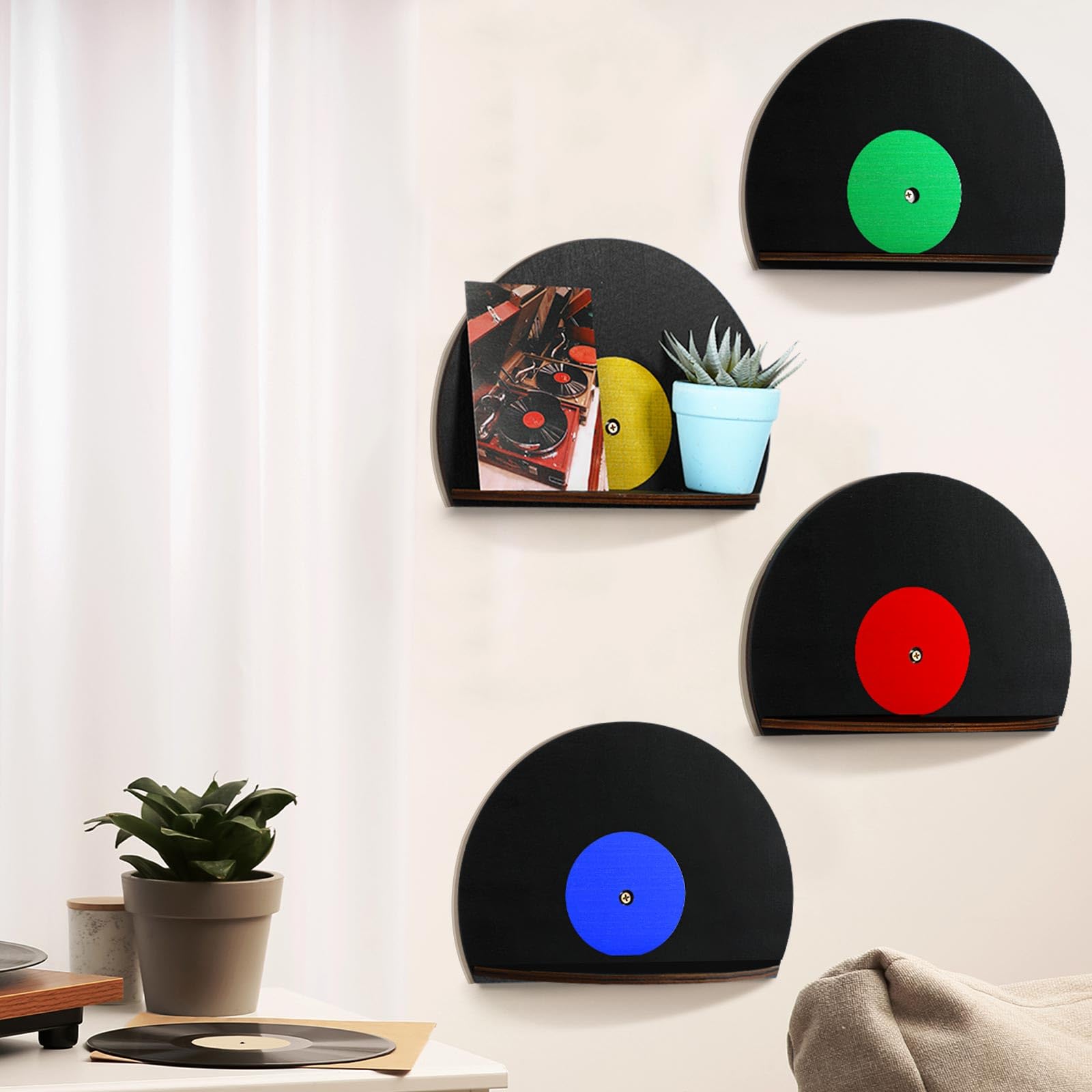 Threehoney 4 Pcs Vinyl Record Shaped Wall Decor Music Wall Art Record Shaped Wall Mount Shelves Wall Hanging Sign Music Theme Home Decoration for Wall Room Party Decor