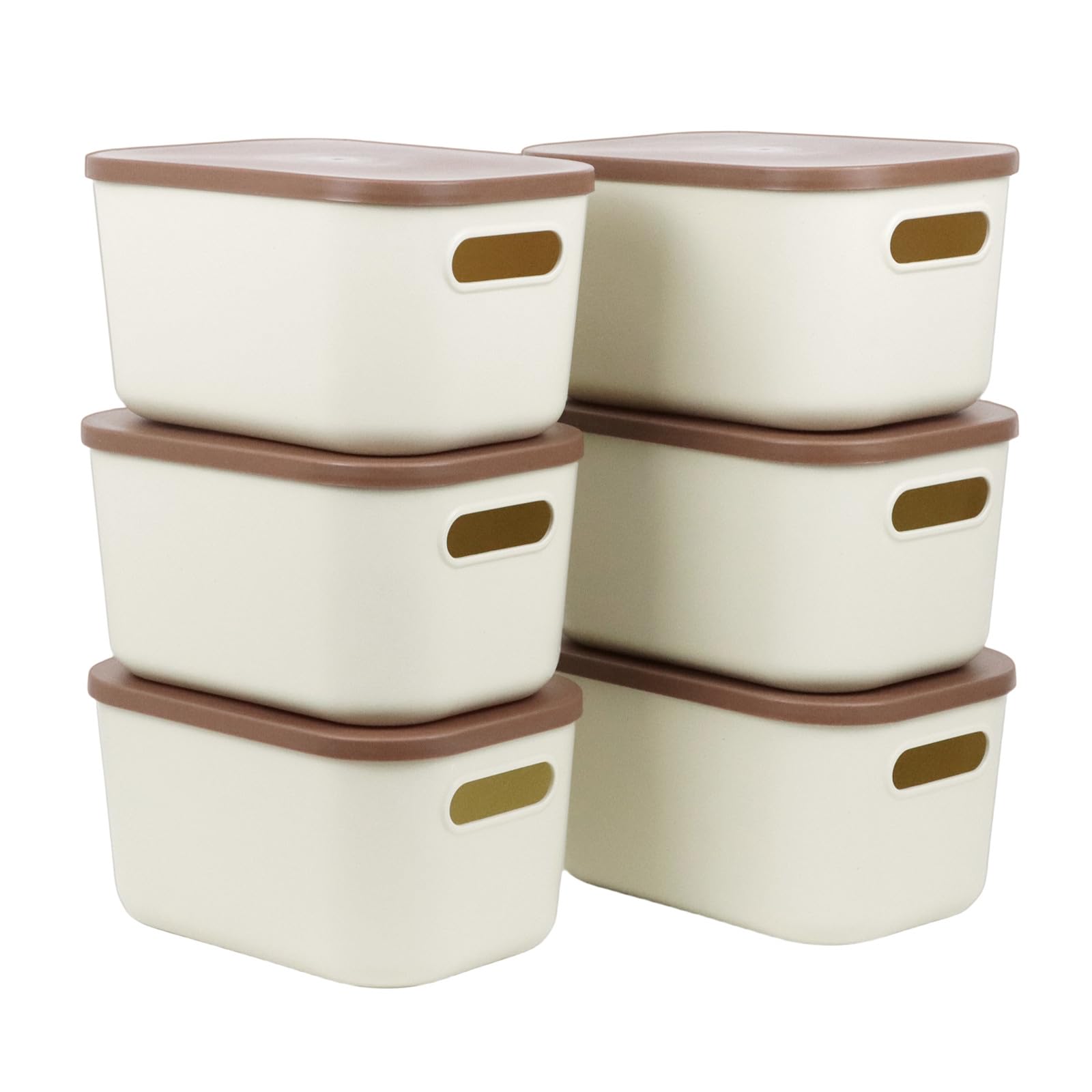 6Pcs Small Storage Bins with Lids, Stackable Plastic Organizer Bin Storage Containers for Organizing, Shelf Baskets for Pantry Cabinet Shelves Desktop Freezer Drawer Organization (Beige, Small)