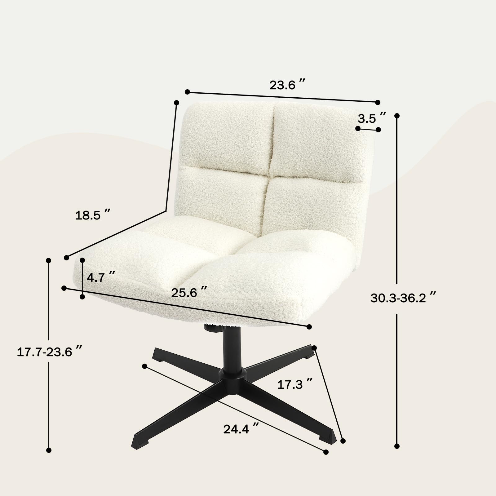 TIMSATIO Criss Cross Chair, Comfy Desk Chair Armless Office Chair No Wheels, Wide Vanity Chair with Back, Height Adjustable Reclining Office Chair Modern Swivel Accent Chair for Home Office (White)