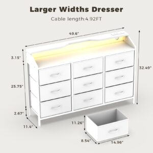 White Dresser for Bedroom, 9 Drawers Dresser with LED Lights & Charging Station, Large Fabric Dresser with PU Finish, Kids Adults Chest of Drawers with Sturdy Frame for Entryway Closet Living Room