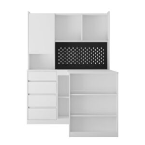 RuiSiSi Home Office L Shaped Corner Desk with Hutch, Drawers & Bookshelf, Modern Desk with LED Light, Study Table Writing Desk, Gaming Computer Desk with Storage, White