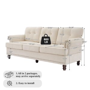 Tufted 3 Seater Sofa Couch, Rolled Arms Mid Century Modern Sofa, Home Sofa Living Room with Rivets, and Solid Wood Legs, Modern couches for Living Room, Bedroom, Guestroom, Apartment, Beige