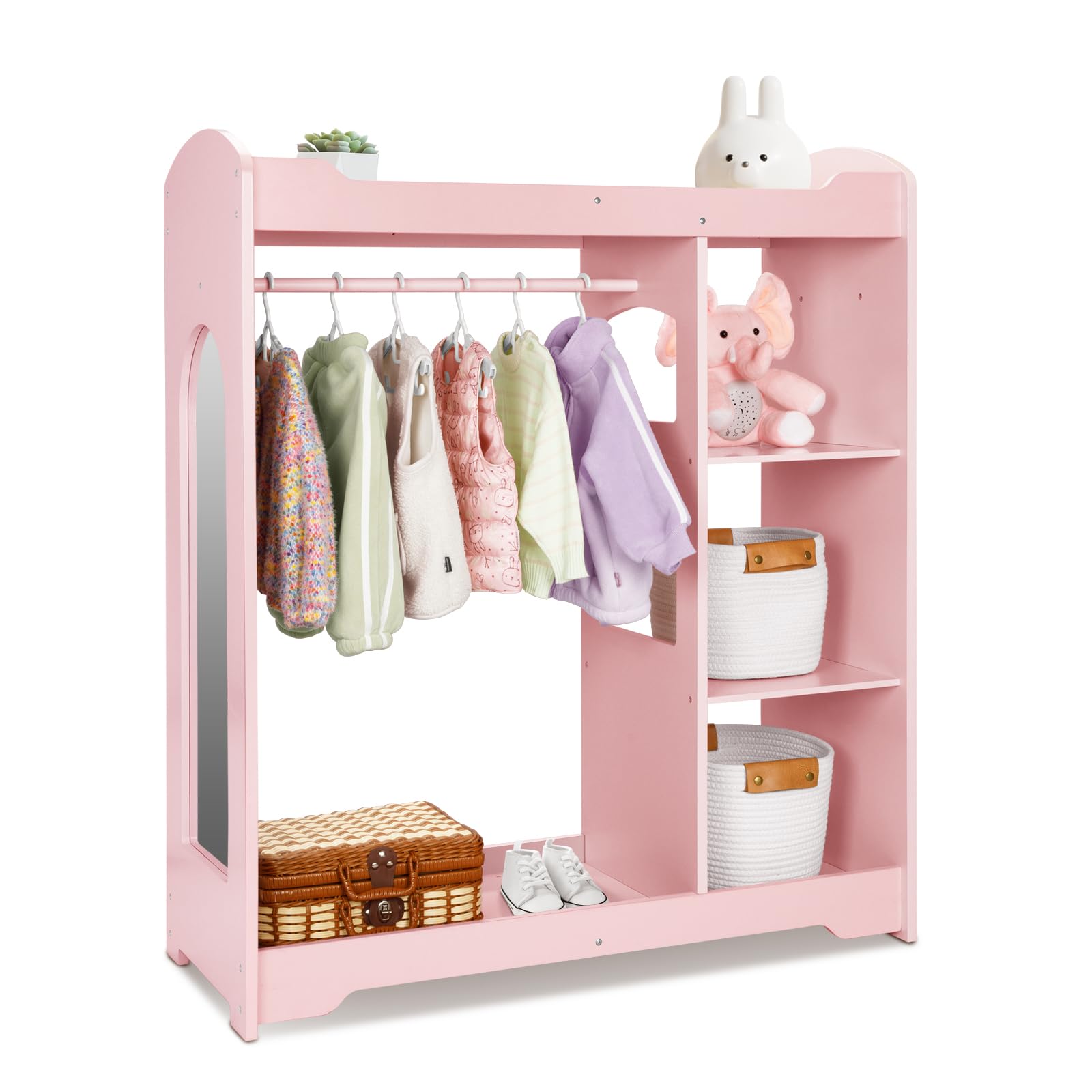 OOOK Kids Clothing Rack and Armoire with Mirror, Appropriate Height Kids Dress up Storage with Anti-tip Device, Helping Children Manage Own Clothes, Nice Dressers for Kids Room, Nursery