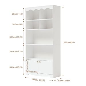 GarveeHome Bookshelf, 5 Tier Open Bookcase and Bookshelf, Modern Bookcase with Doors, Wood Bookcase Storage Organizer Shelf, 63 in Tall Display Storage Shelves for Bedroom Living Room Office, White