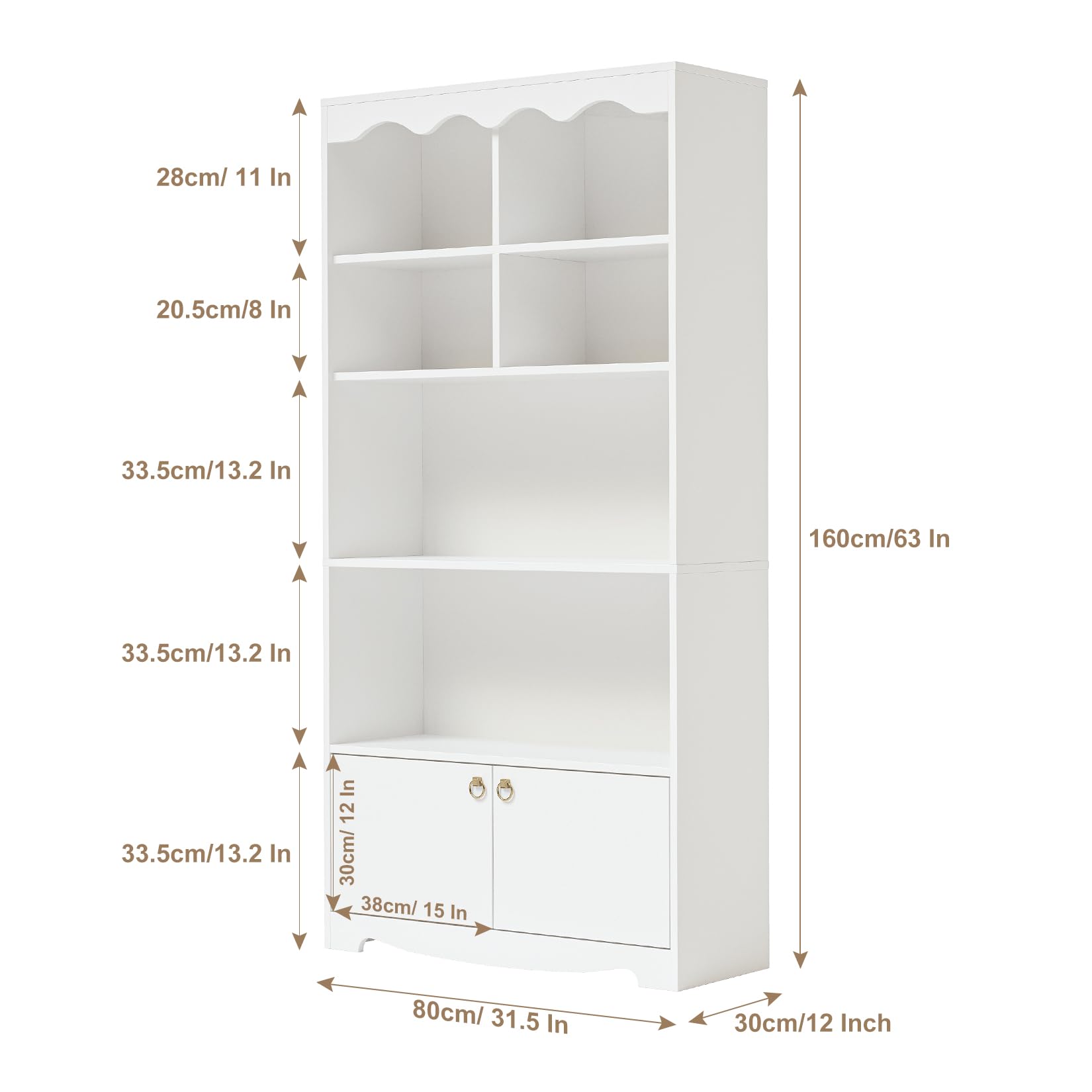 GarveeHome Bookshelf, 5 Tier Open Bookcase and Bookshelf, Modern Bookcase with Doors, Wood Bookcase Storage Organizer Shelf, 63 in Tall Display Storage Shelves for Bedroom Living Room Office, White