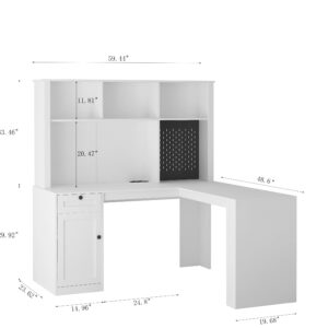 Home Office L Shaped Desk with Hutch, Drawers & Bookshelf and LED Light, Wood Computer Desk with Charger, Corner Desk Study Table Writing Desk, Gaming Computer Desk for Study Room, White