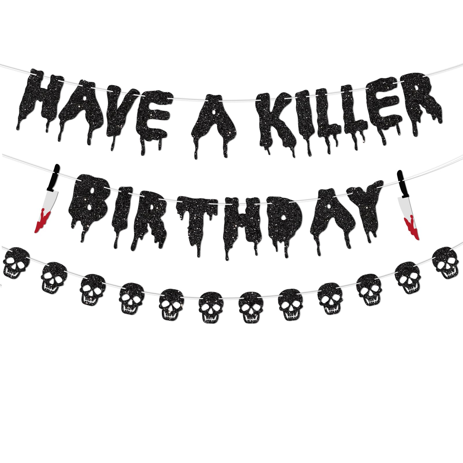 Glitter Have a Killer Birthday Decorations Banner Black Halloween Skull Birthday Banner Decorations Horror Movie Party for Halloween Birthday Haunted House Party Decorations Theme Baby Shower Supplies