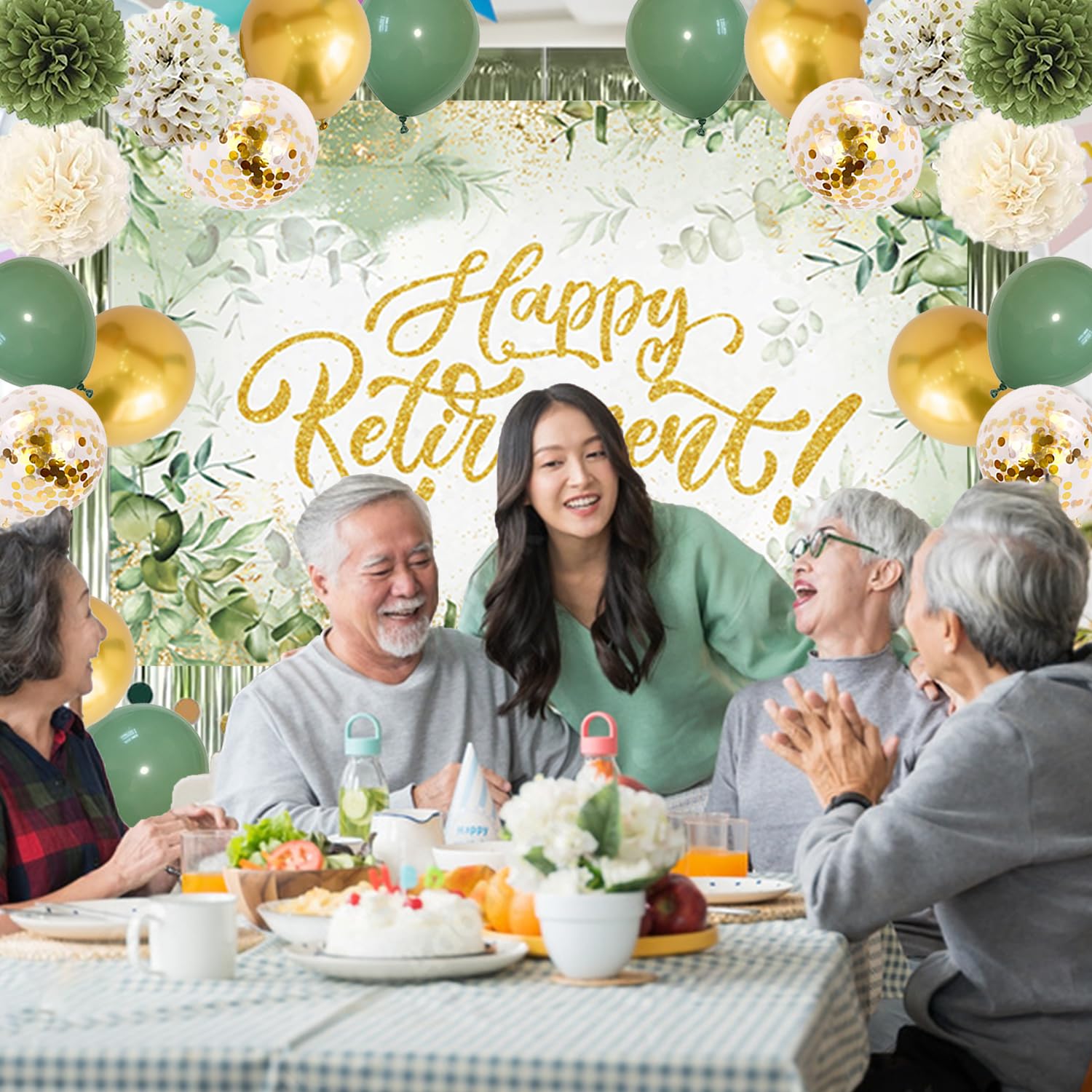 Sage Green Retirement Party Decorations - Happy Retirement Banner Foil Curtains Backdrop Tissue Paper Pom Poms Latex and Confetti Balloons for Retirement Party Supplies